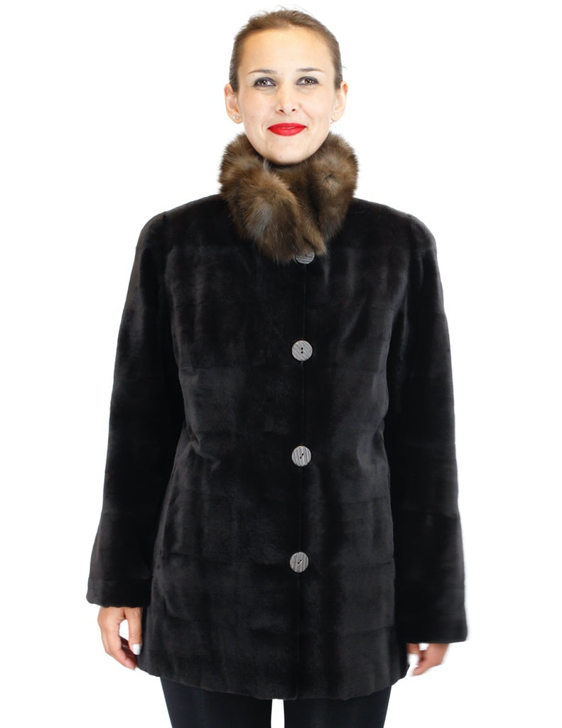 REVERSIBLE DARK BROWN SHEARED KOLINSKY MINK FUR JACKET W/ RUSSIAN SABLE ...