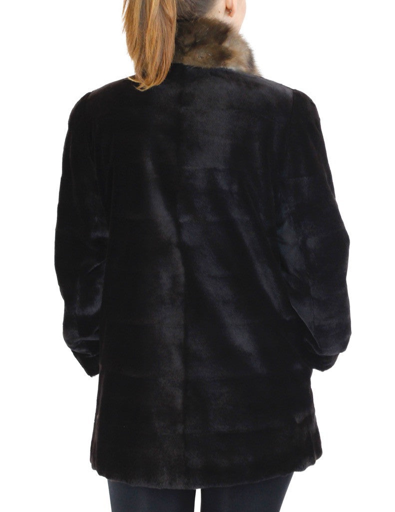 REVERSIBLE DARK BROWN SHEARED KOLINSKY MINK FUR JACKET W/ RUSSIAN SABLE ...