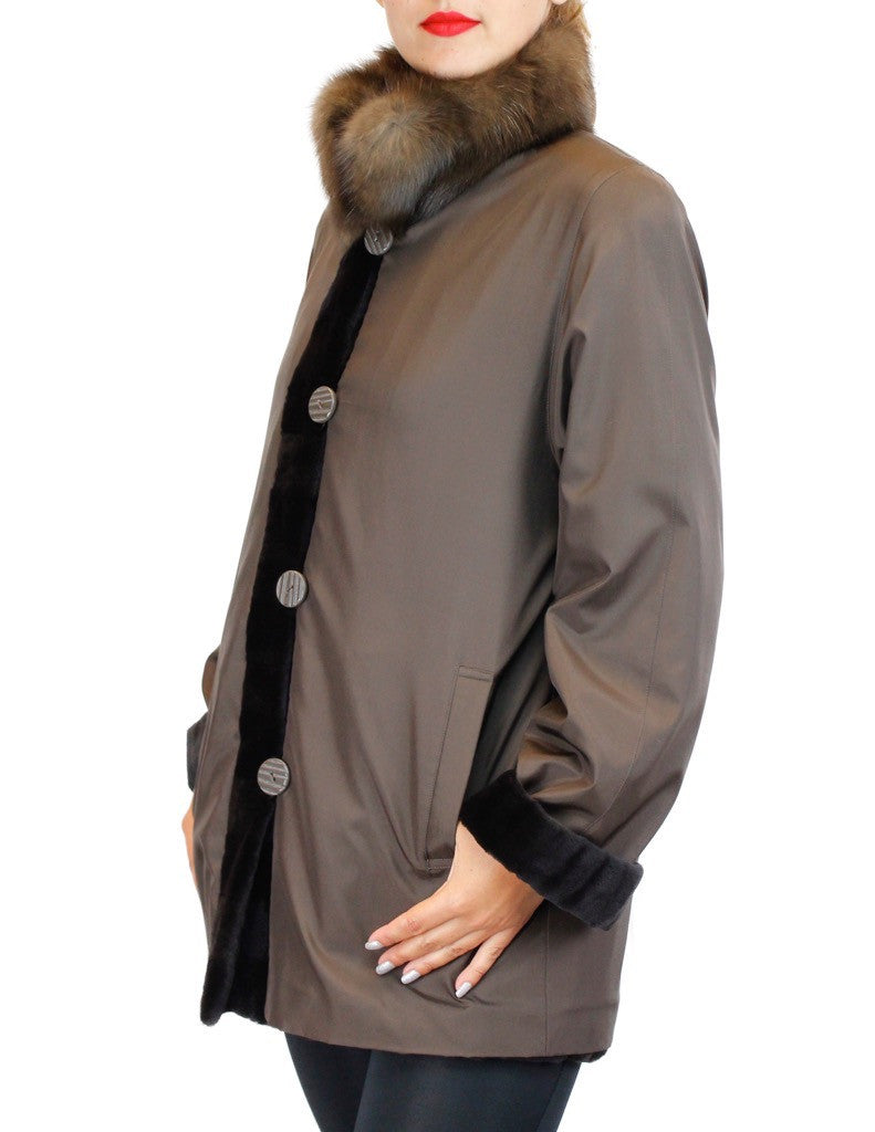 REVERSIBLE DARK BROWN SHEARED KOLINSKY MINK FUR JACKET W/ RUSSIAN SABLE ...