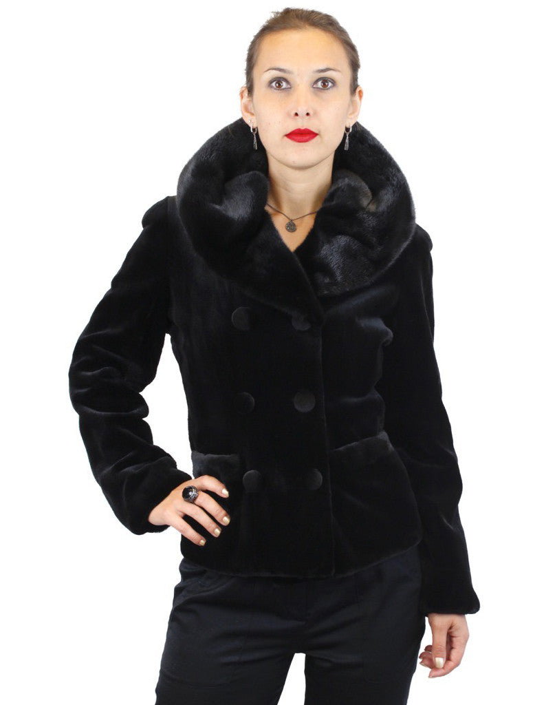 BLACK SHEARED MINK FUR FITTED JACKET W/ UNSHEARED BLACKGLAMA MINK ...